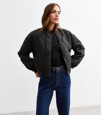 Black Stitched Pattern Lightly Padded Bomber Jacket | New Look