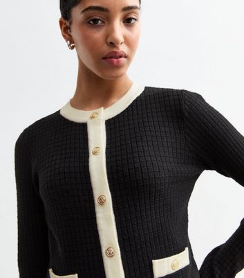 Black Contrast Trim Waffle Knit Cardigan | New Look