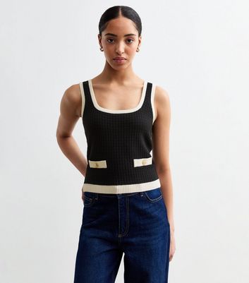 Black Contrast Trim Waffle Knit Vest | New Look