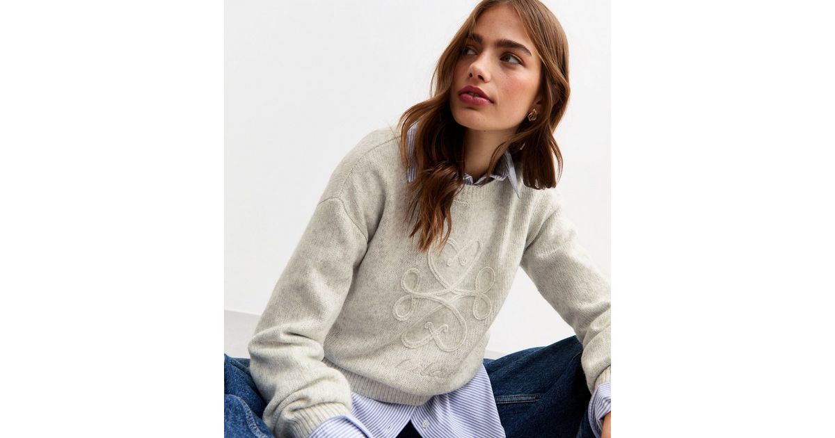 Pale Grey Heart Embroidered Milan Slogan Jumper | New Look