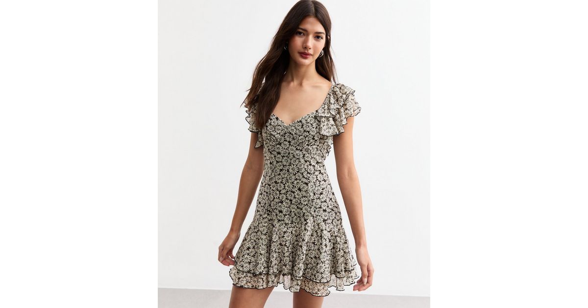 Black Daisy Print Mesh Ruffle Micro Mini Dress | New Look