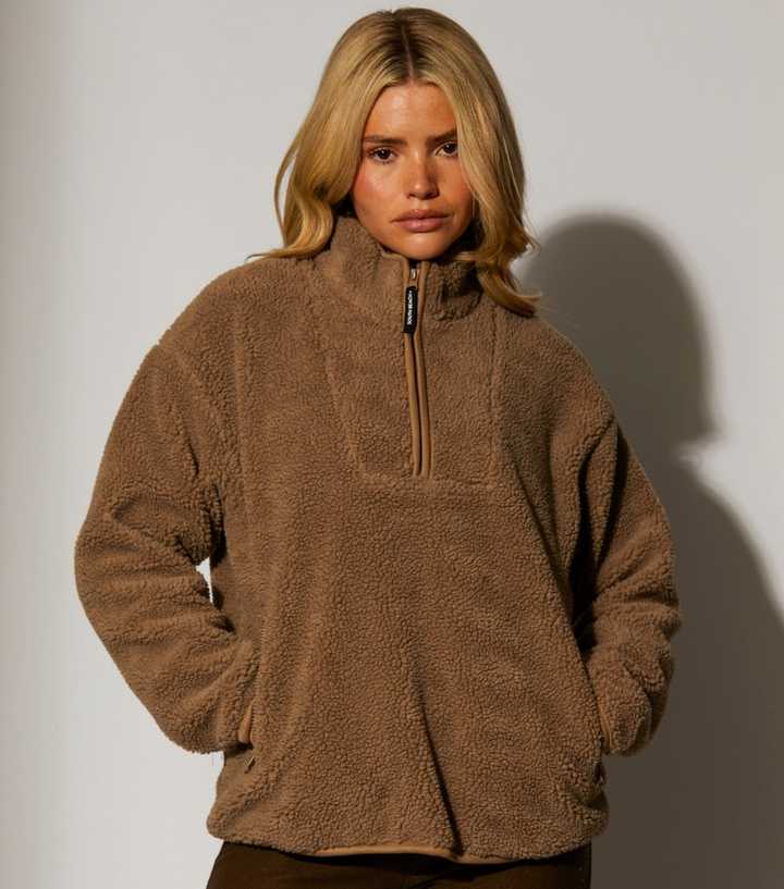 South Beach Light Brown Quarter Zip Borg Jacket | New Look
