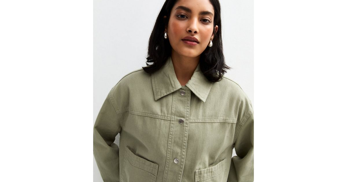 Olive Cotton Button Up Twill Shacket | New Look