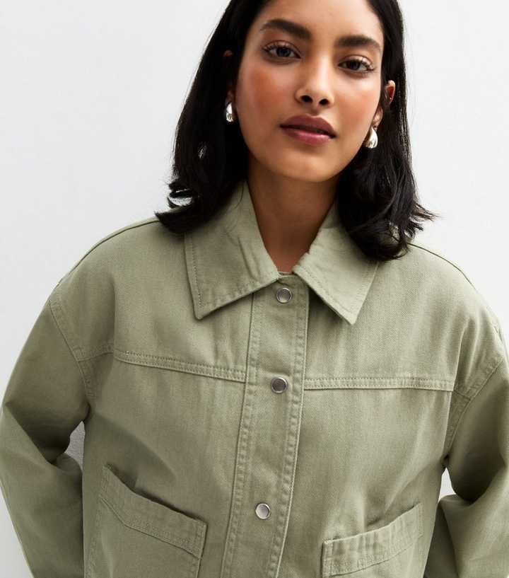Olive Cotton Button Up Twill Shacket | New Look