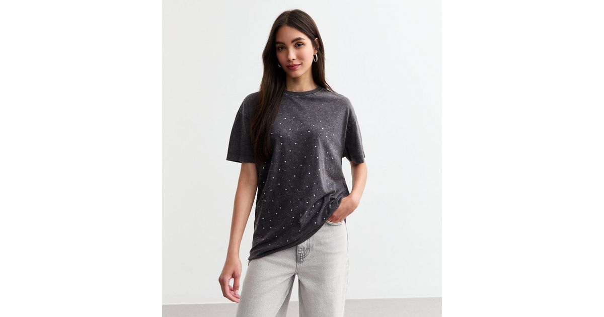 Dark Grey Acid Wash Diamante Embellished Jersey T-Shirt | New Look