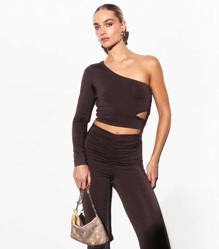 Brown One Shoulder Long Sleeve Crop Top | New Look