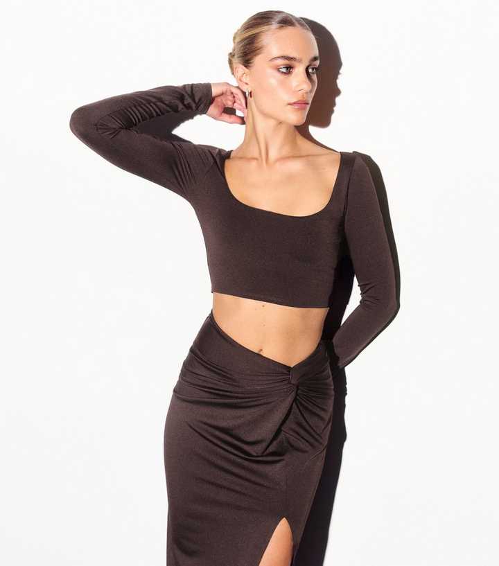Brown Scoop Long Sleeve Crop Top | New Look