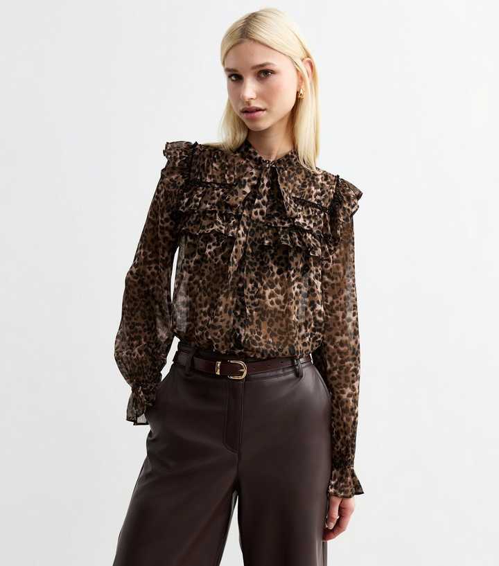 Brown Leopard Print Ruffle Bib Blouse | New Look
