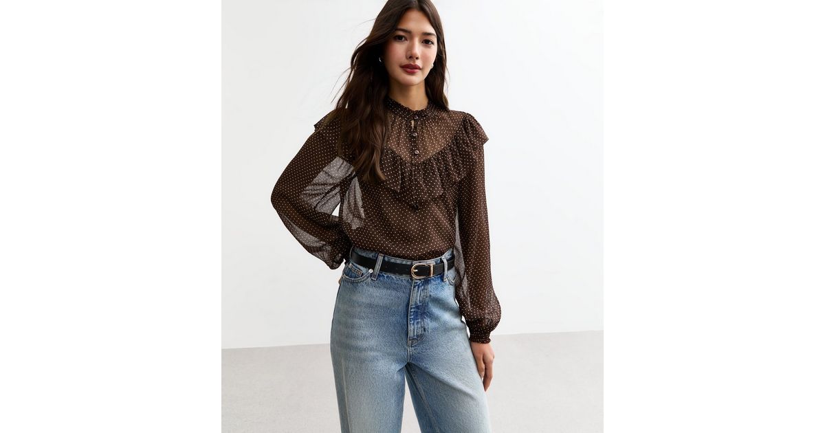 Brown Polka Dot Frilly Trim Chiffon Blouse | New Look