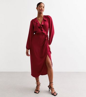 Red Ruffle Trim Belted Midi Dress | New Look