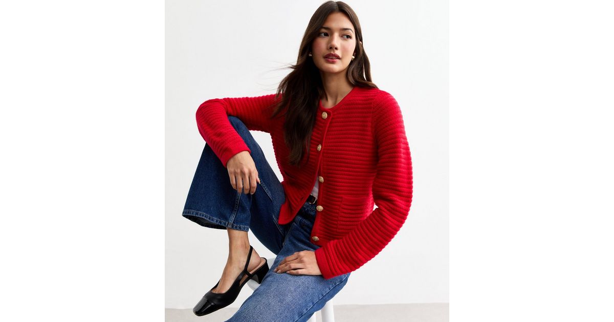Red Button Up Ribbed Cardigan | New Look