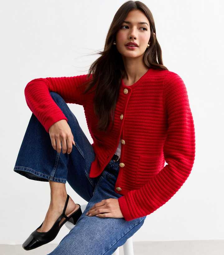 Red Button Up Ribbed Cardigan | New Look