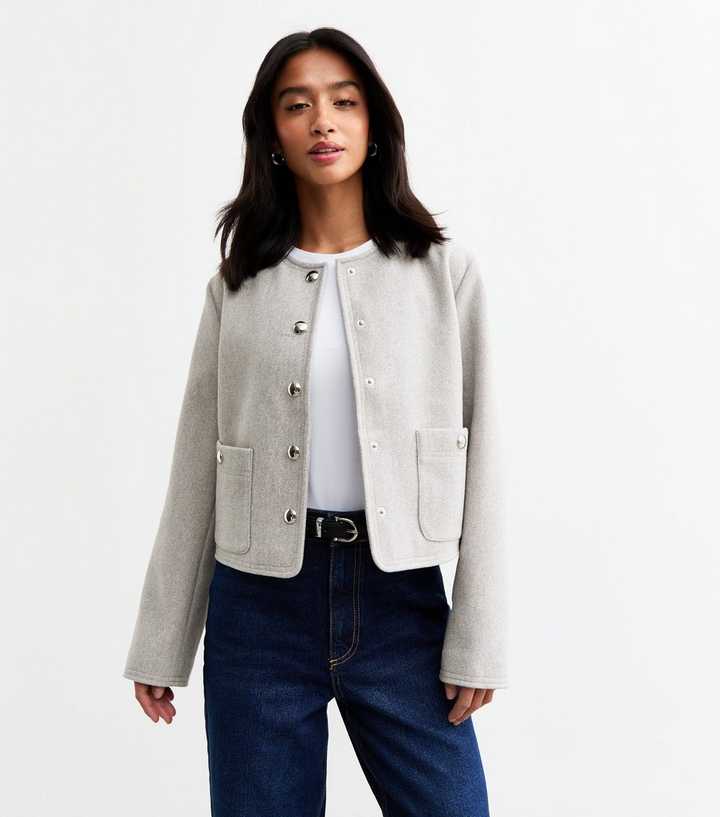 Petite Grey Collarless Shacket | New Look