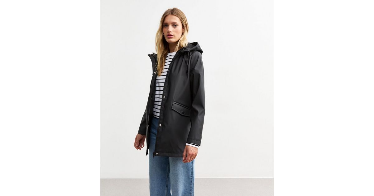 Black Unlined Shower Resistant Rain Coat | New Look