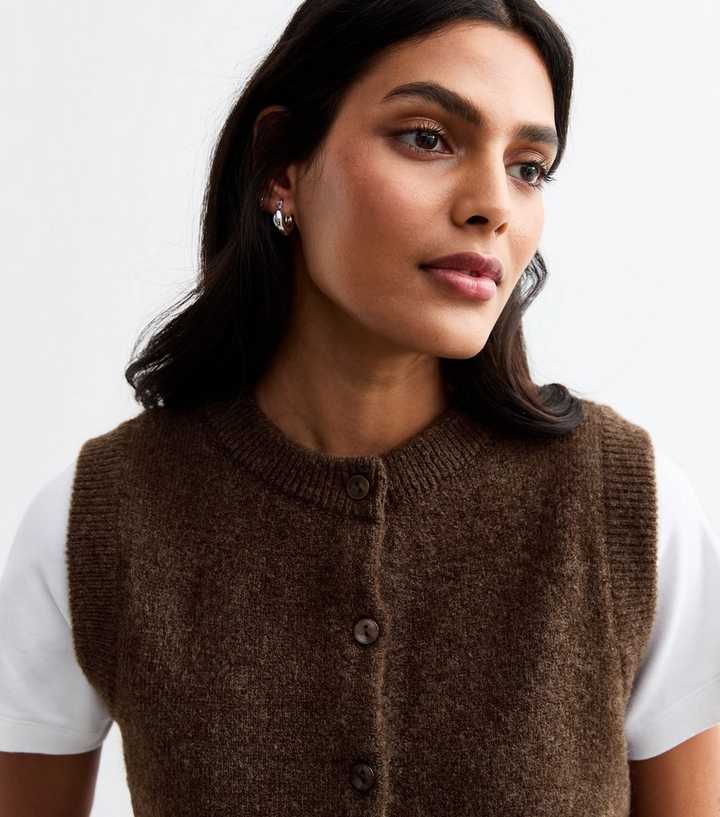 Dark Brown Knit Sleeveless Waistcoat | New Look