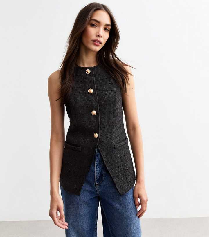 Black Button Up Bouclè Waistcoat | New Look