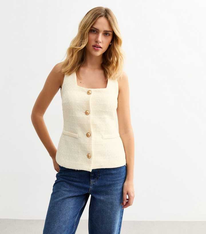 Off White Square Neck Bouclé Waistcoat | New Look