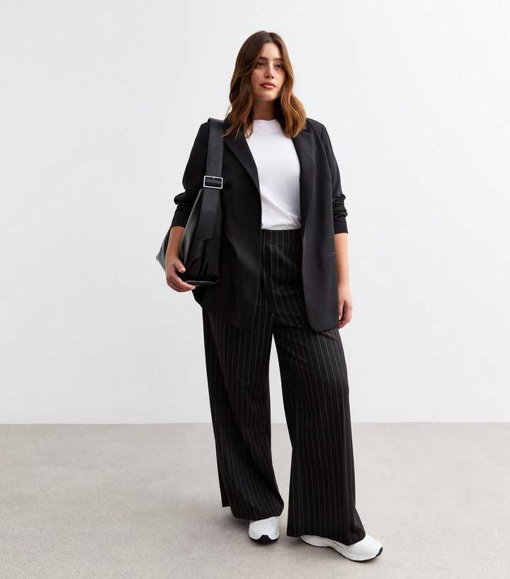 Curves Black Pinstripe Wide Leg Trousers | New Look