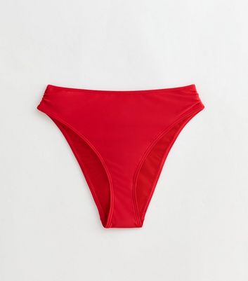 Red Ruched Side High Leg Bikini Bottoms | New Look