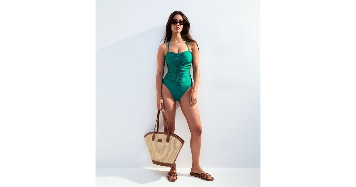 Green Tummy Control Ruched Front Swimsuit | New Look