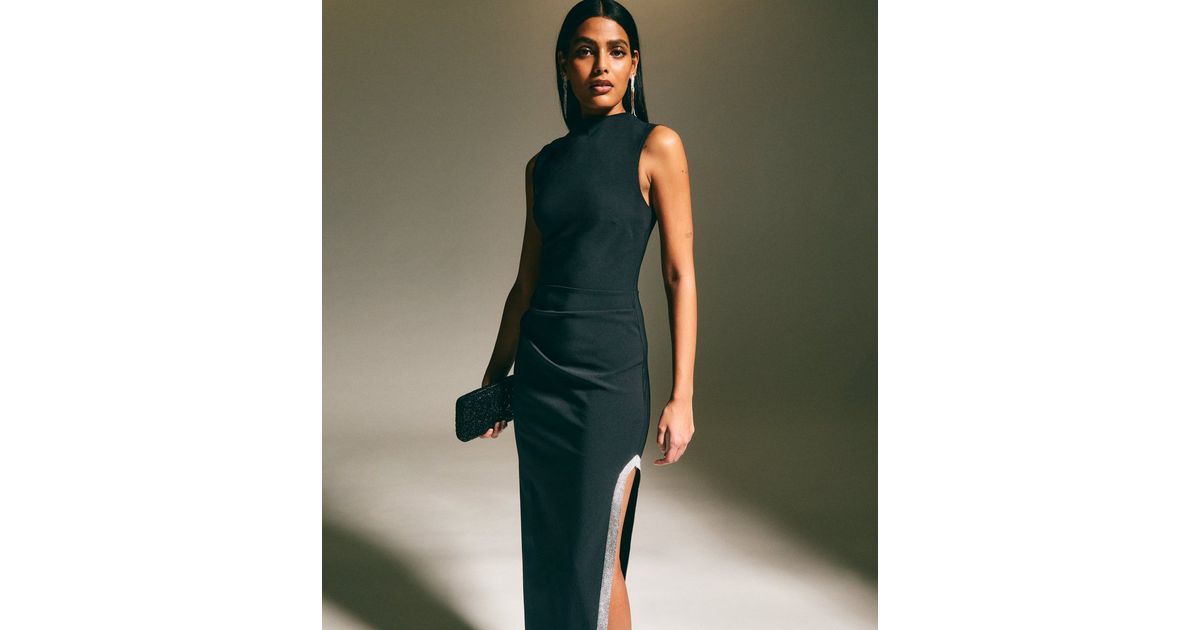 Black Diamanté Side Split Midi Dress | New Look