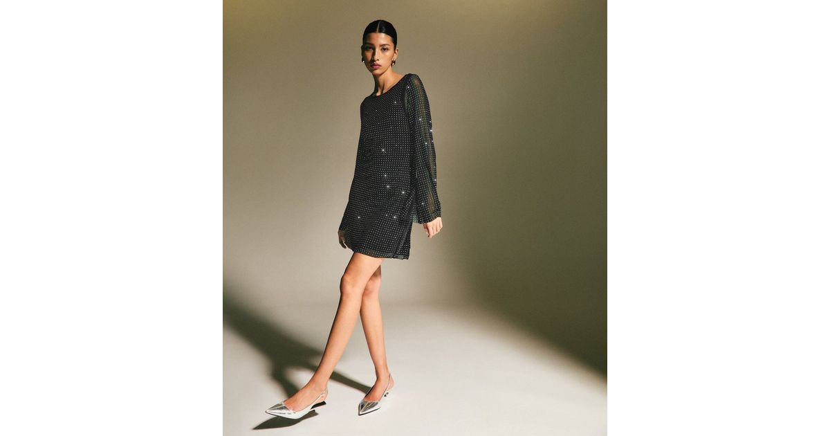 Black Crystal Stretch Mesh Mini Dress | New Look