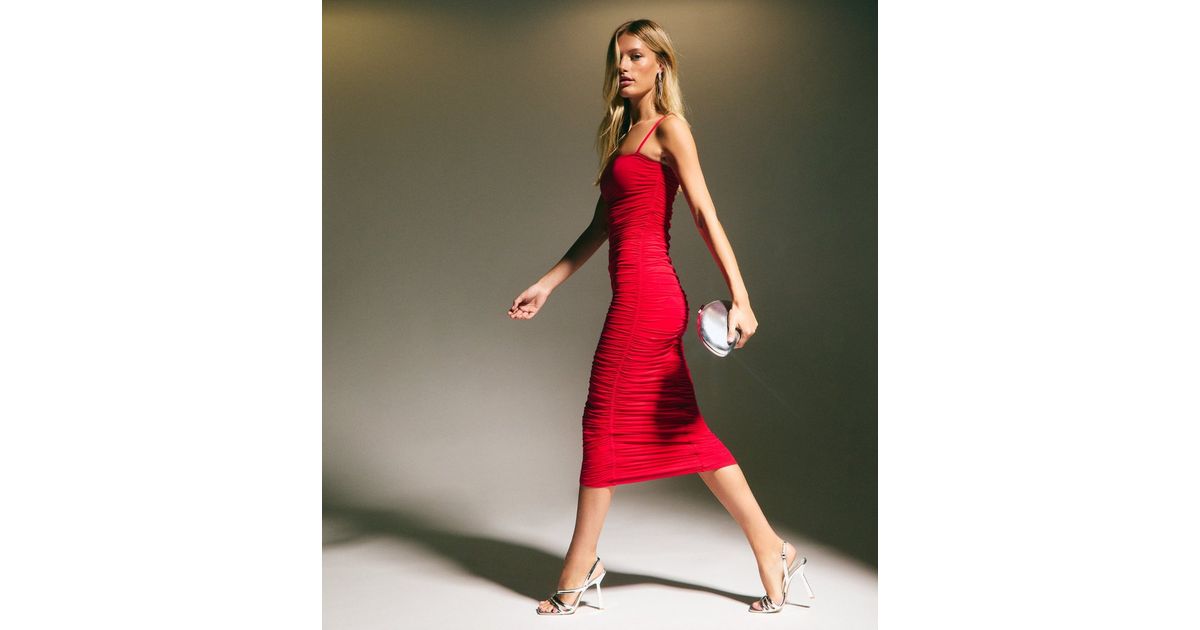 Red Ruched Mesh Midi Dress | New Look