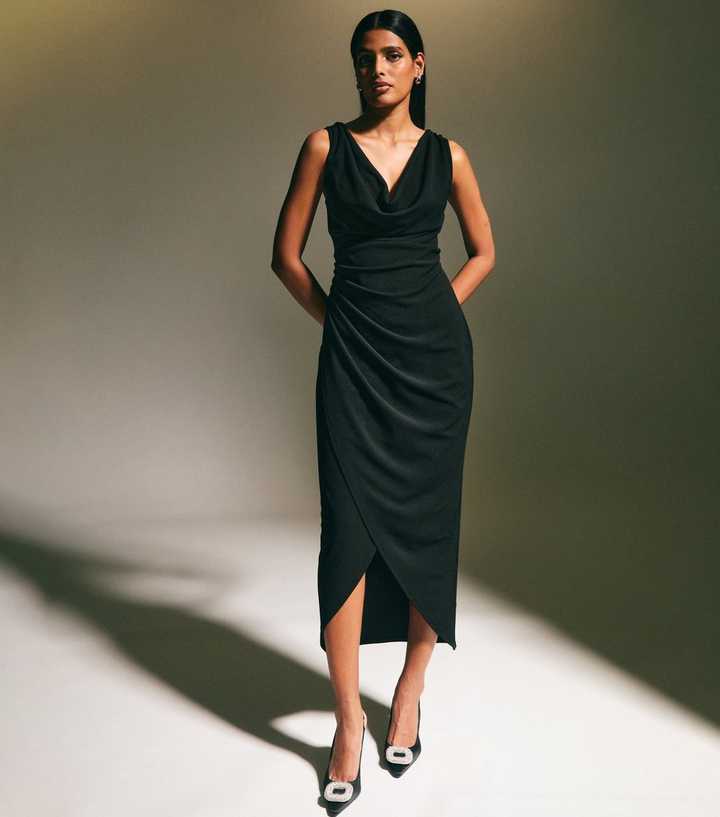 Black Cowl Neck Draped Midi Dress | New Look