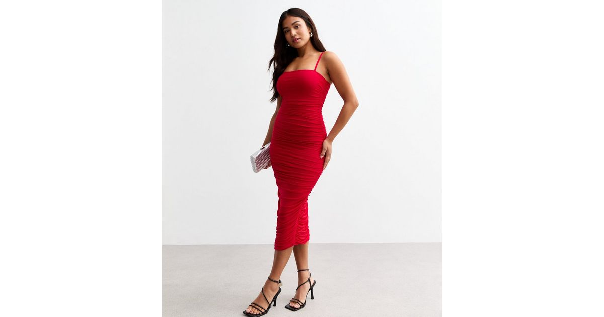 Petite Red Ruched Mesh Midi Dress | New Look