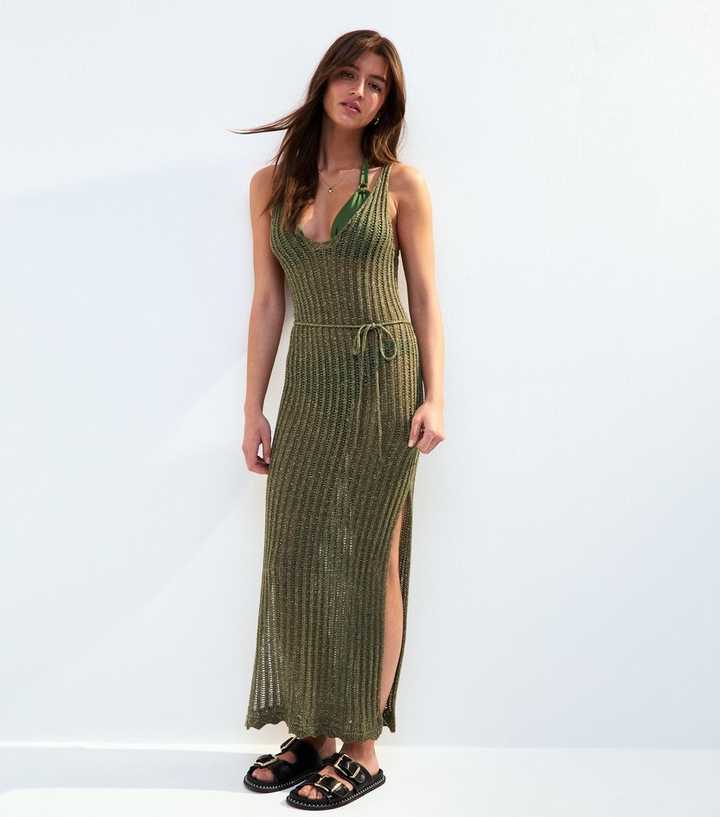 Khaki Metallic Crochet Ladder Stitch Beach Maxi Dress | New Look