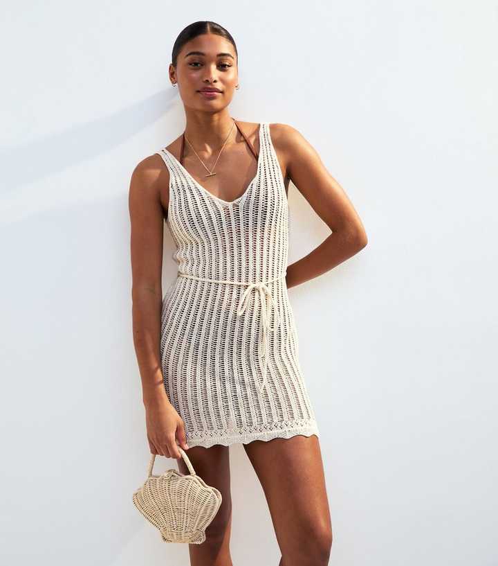 Cream Crochet Ladder Stitch Beach Mini Dress | New Look