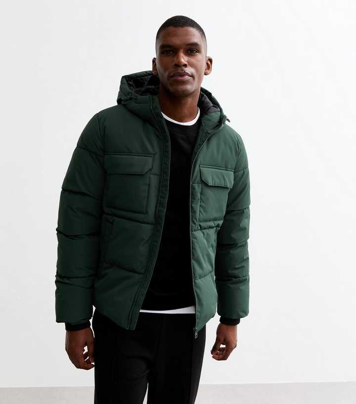 Only & Sons Green Regular Quilted Hooded Jacket | New Look