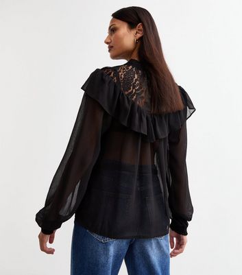 Black Lace Yoke Frilly Trim Sheer Chiffon Top | New Look