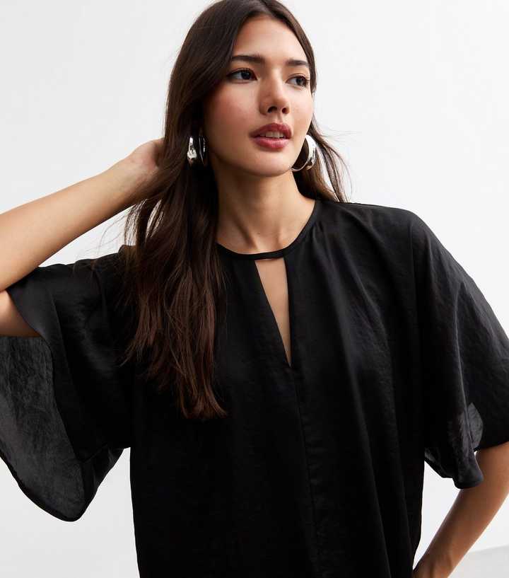 Black Satin Keyhole T-Shirt | New Look