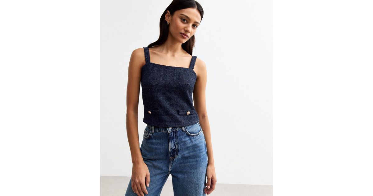 Navy Sparkle Boucle Wide Strap Top | New Look