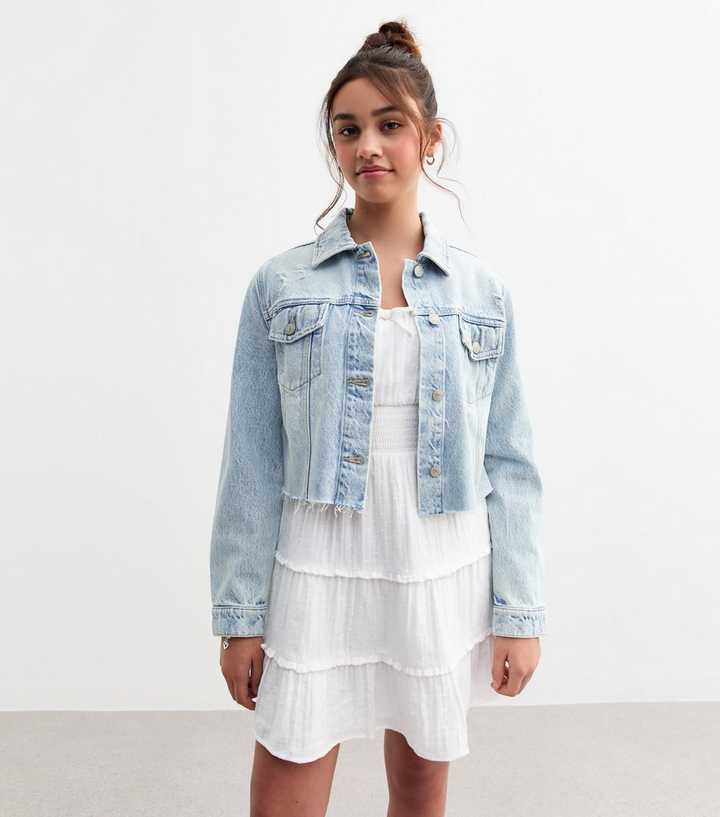 Girls Bright Blue Cropped Distressed Denim Jacket | New Look