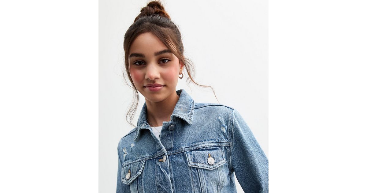 Girls Blue Cropped Distressed Denim Jacket | New Look
