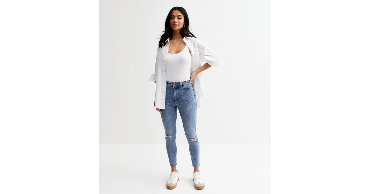 Petite Blue Ripped High Waisted Skinny Leg Jeans | New Look