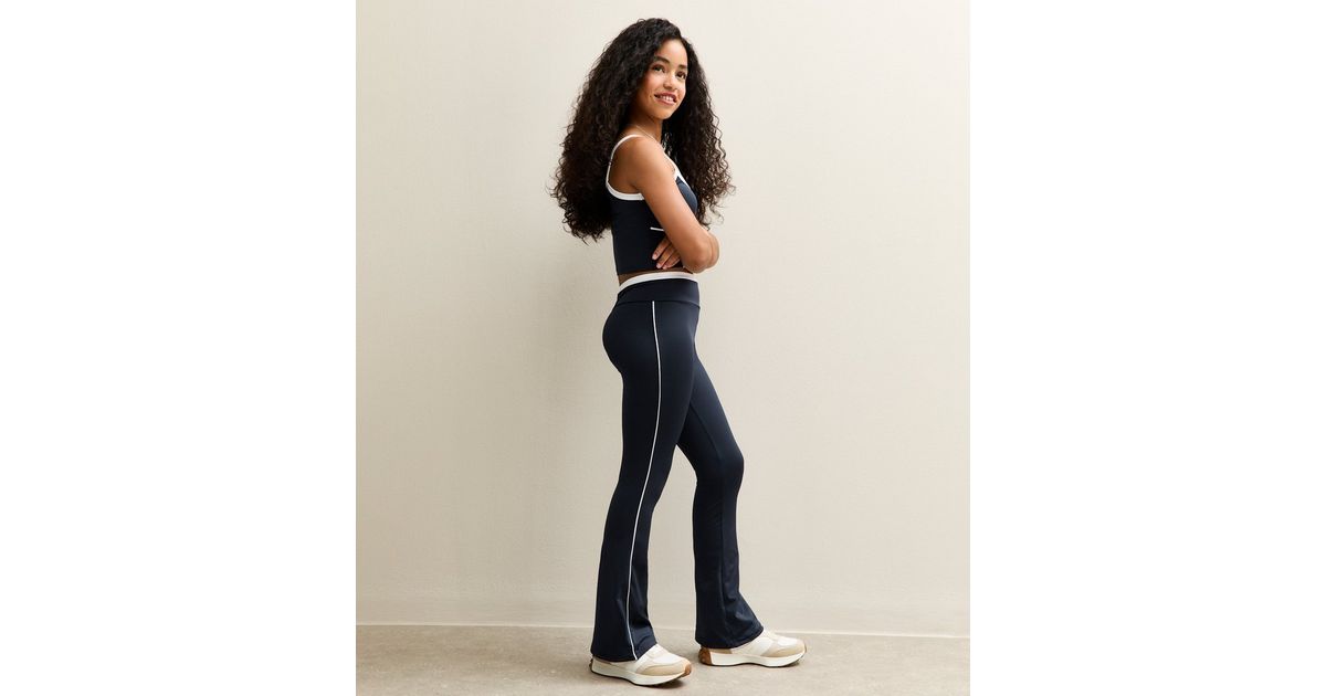 Girls Navy Contrast Piping Flared Trousers | New Look