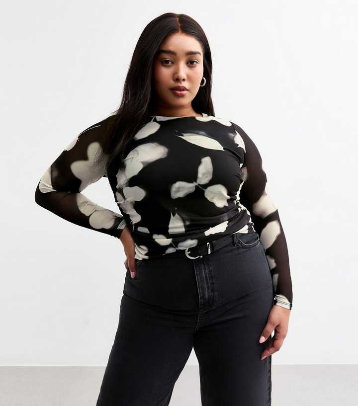 Curves Black Blur Rose Print Mesh Top | New Look