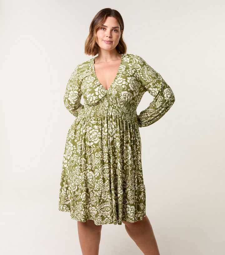 Blue Vanilla Curve Khaki Floral Print Shirred Mini Dress | New Look
