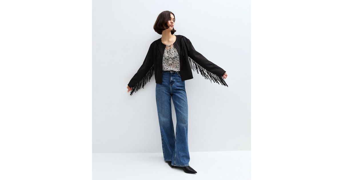 Black Faux Suede Fringe Trim Jacket | New Look