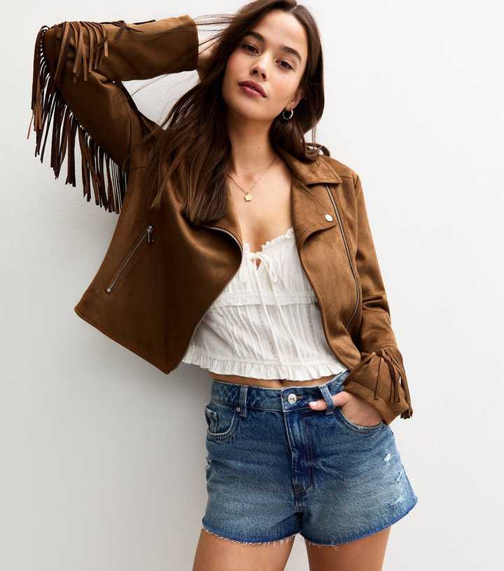 Tan Fringe Trimmed Faux Suede Jacket | New Look