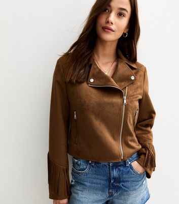 Tan Fringe Trimmed Faux Suede Jacket | New Look