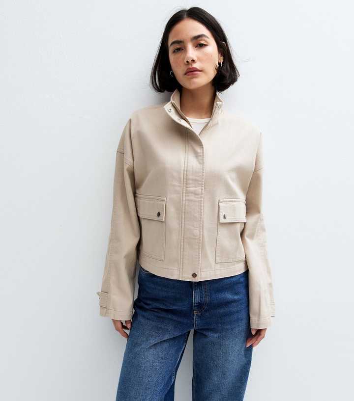Stone High Neck Cotton Twill Shacket | New Look