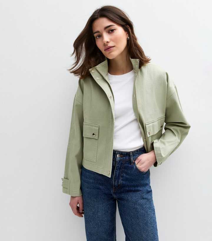 Olive Green High Neck Cotton Twill Shacket | New Look