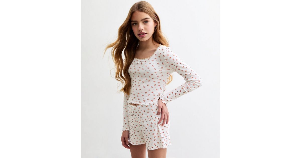 Girls Red Ditsy Print Ribbed Pyjama Set | New Look