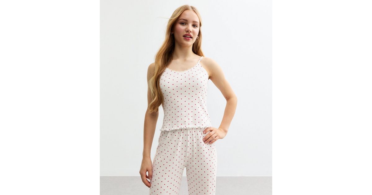 Girls White Heart Print Ribbed Pyjama Set | New Look