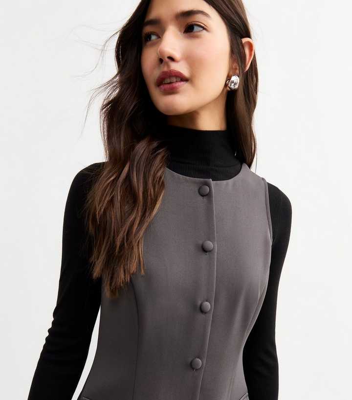 Grey Tailored Button Front Pinafore Dress | New Look