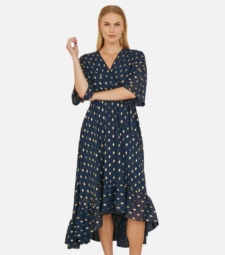 Yumi Navy Foil Wrap Midi Dress | New Look